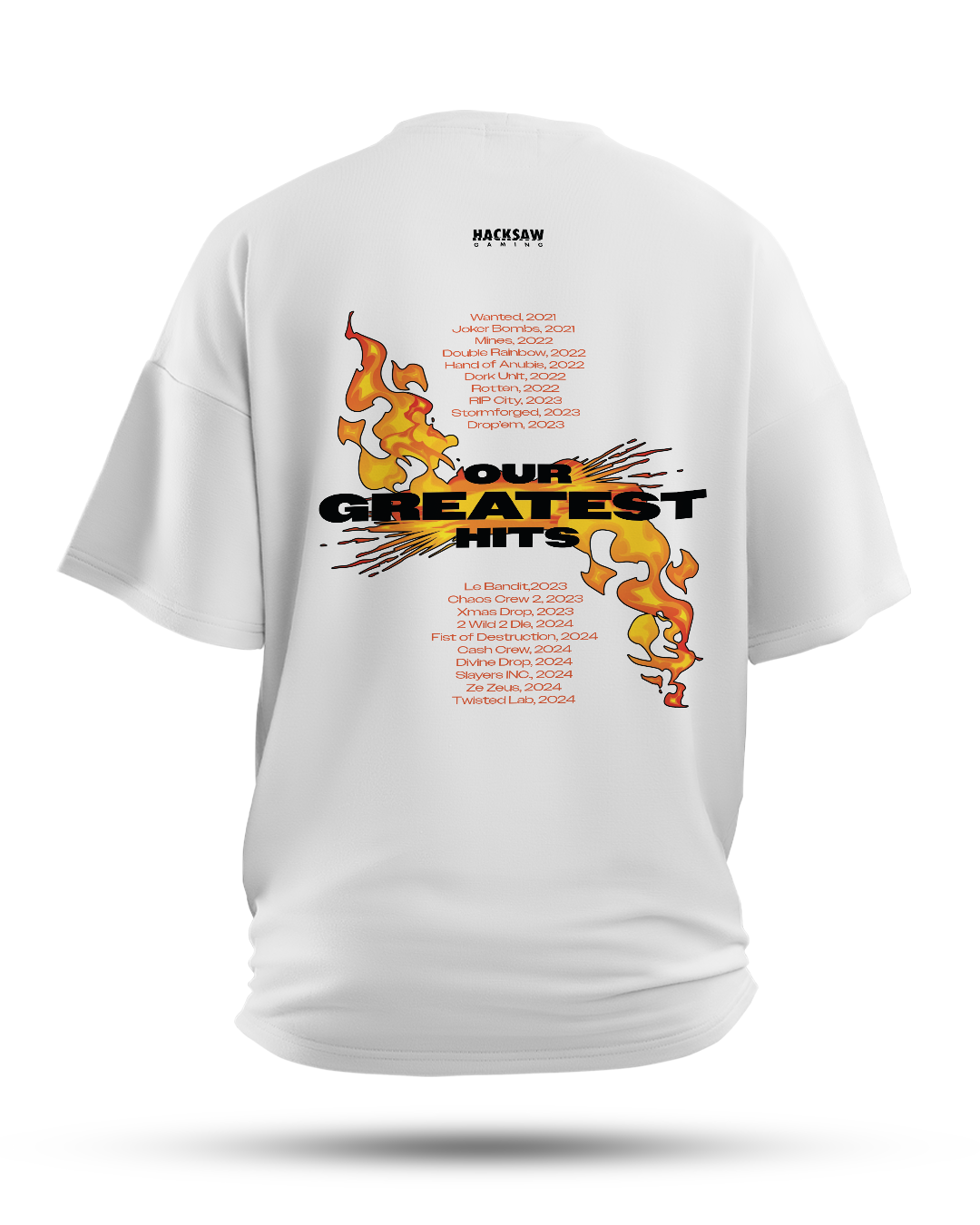 Our Greatest Hits 2024 - Flames T Shirt – Hacksaw Gaming